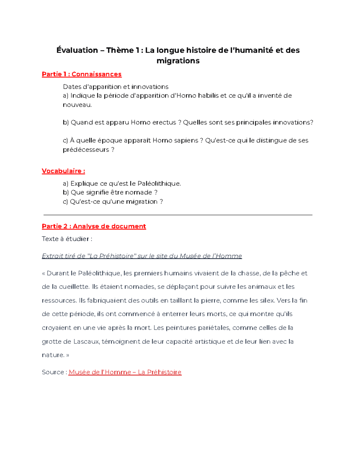 Évaluation Thème 1 : La longue histoire des migrations et de l'humanité ...