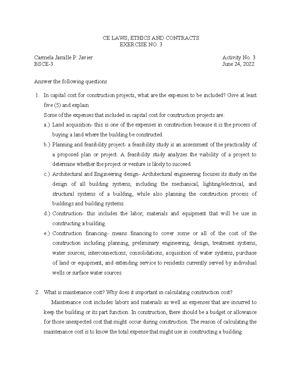 CE LAWS exercise 3 - laws for Civil engineering students - CE LAWS, ETHICS AND CONTRACTS ...