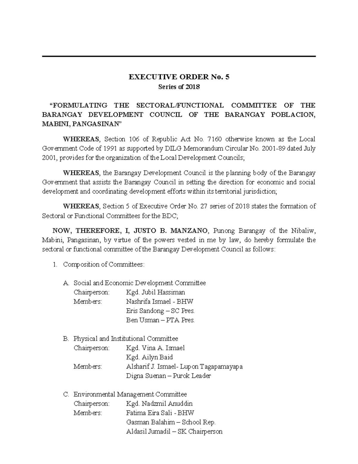 Barangay Development Council (BDC) Executive Order No. 5 Overview - Studocu