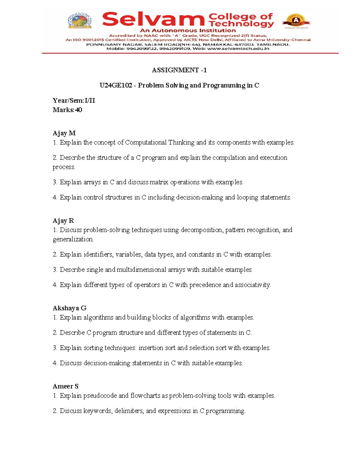 U24GE102 Assignment 1: Problem Solving & Programming in C - Studocu
