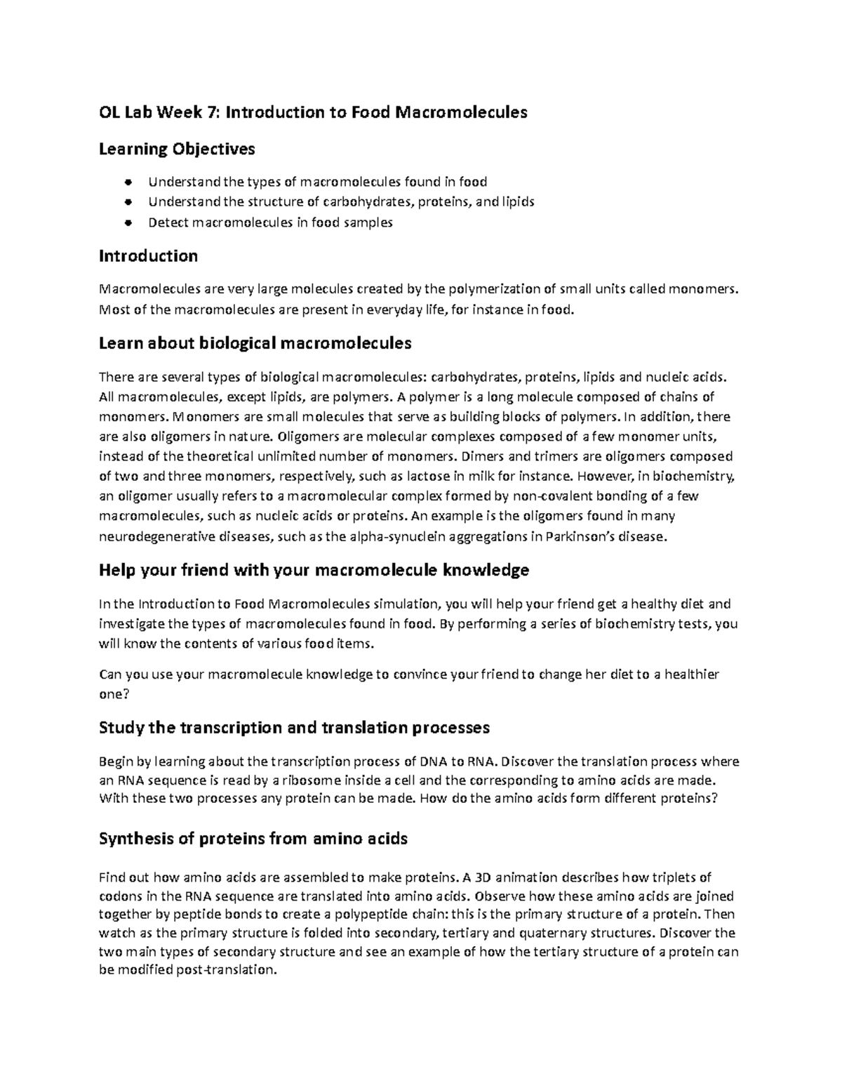 Week 7 Lab-Introduction to Food Macromolecules and Protein Synthesis.docx - OL Lab Week 7: - Studocu