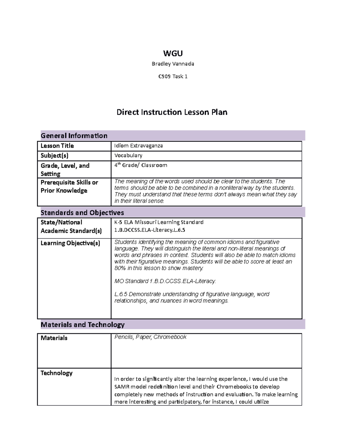 Direct Instruction Lesson Plan C909 Task 1 - WGU Bradley Vannada C909 Task 1 Direct Instruction ...