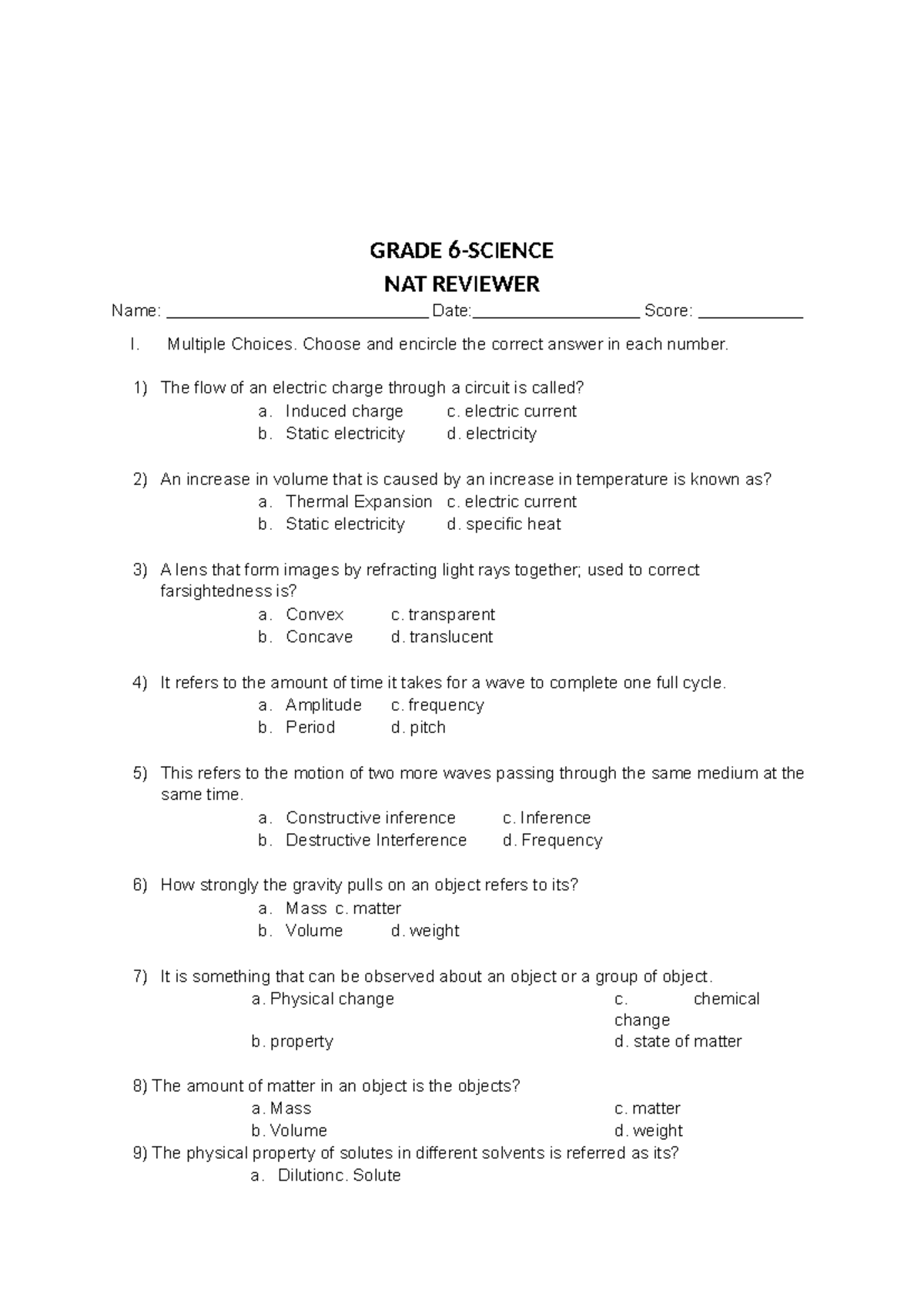 Science NAT6 - Grade 6 Science Reviewer and Practice Questions - Studocu