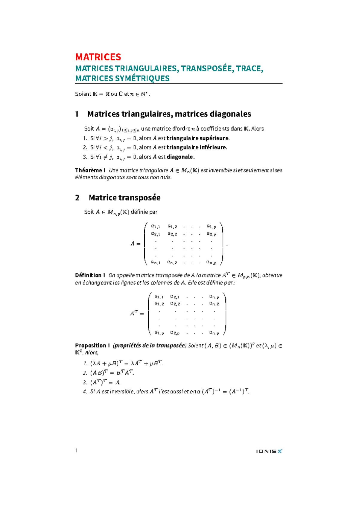 MATRICES: TRIANGULAIRES, TRANSPOSEES, TRACE ET SYMETRIQUES - Studocu