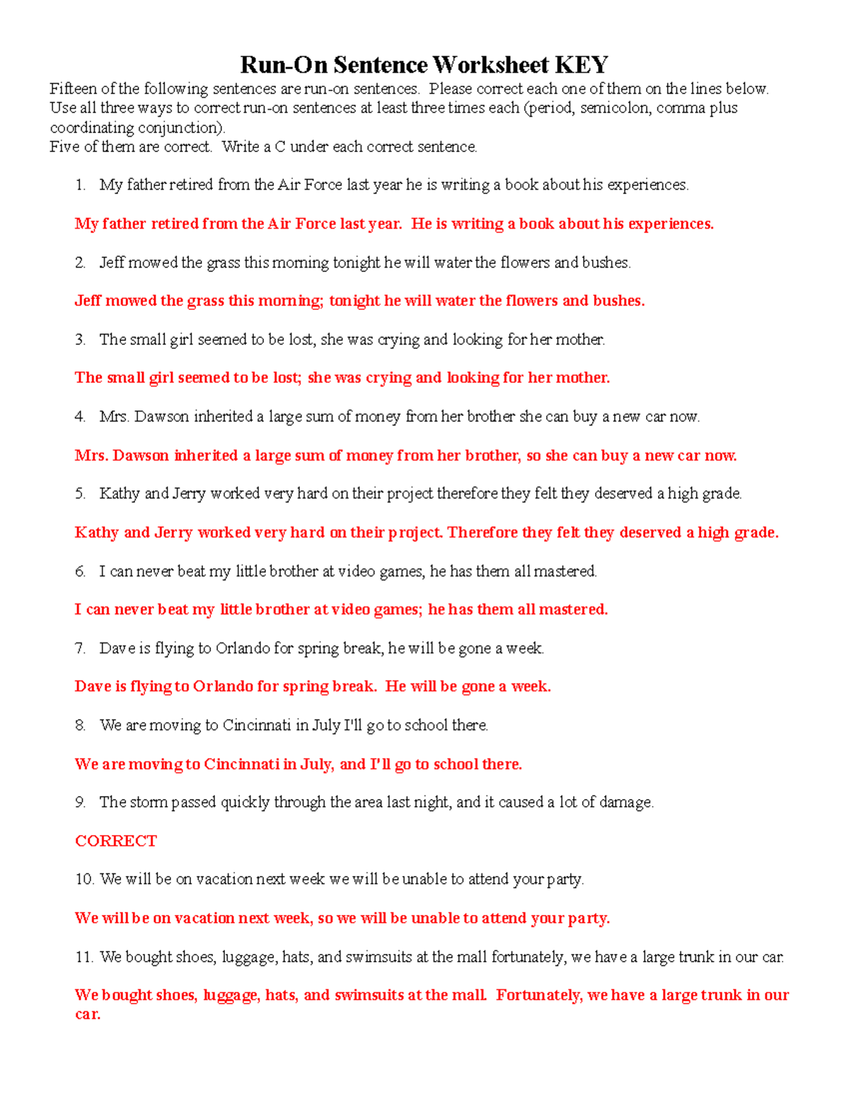 Run on sentence practice key - Run-On Sentence Worksheet KEY Fifteen of ...