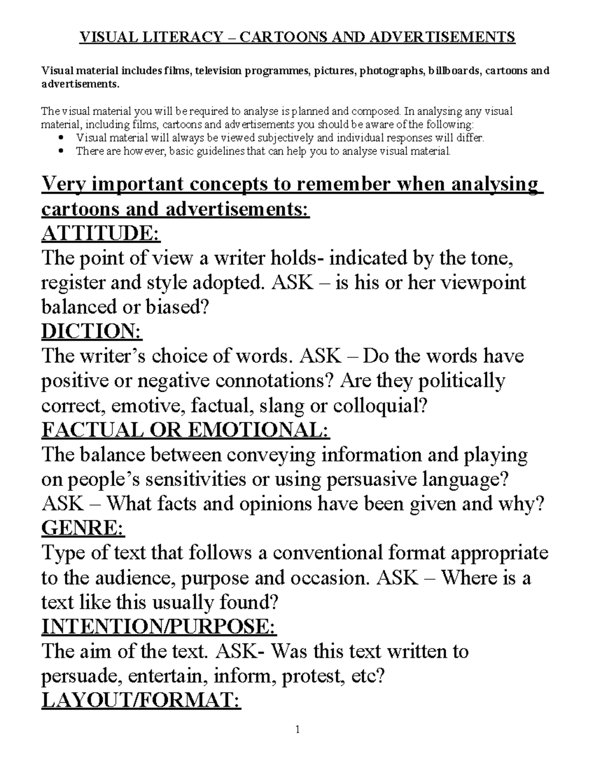 Visual Literacy Analysis - Cartoons & Advertisements Guide - Studocu