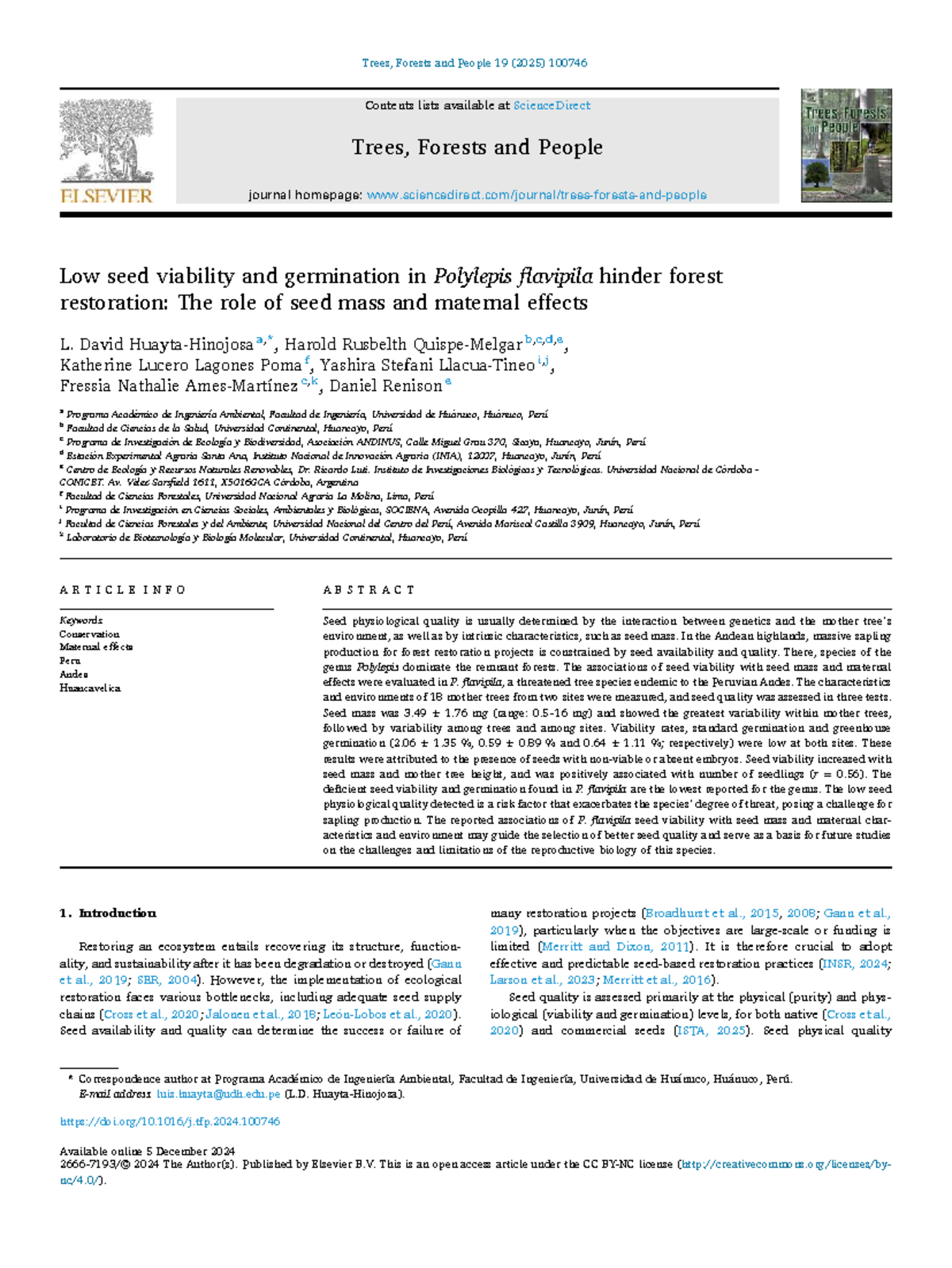 Polylepis flavipila Seed Viability: Maternal Effects and Germination ...