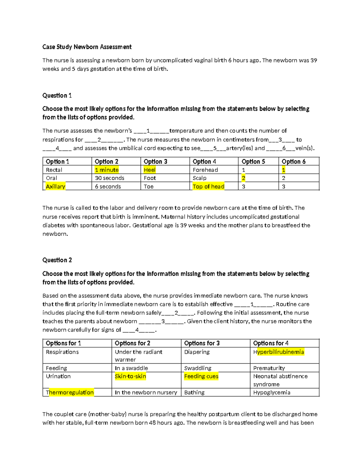 Newborn Assessment Case Study: Key Points for Nursing Care - Studocu
