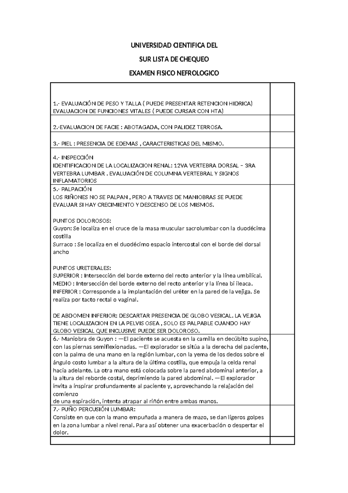 Lista de Chequeo: Examen Físico Nefrourogenital (UF-101) - Studocu