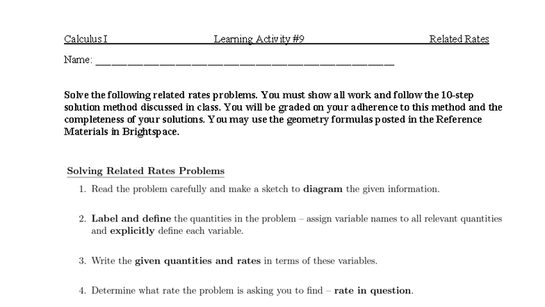 Calculus I Related Rates Learning Activity (09) - Studocu