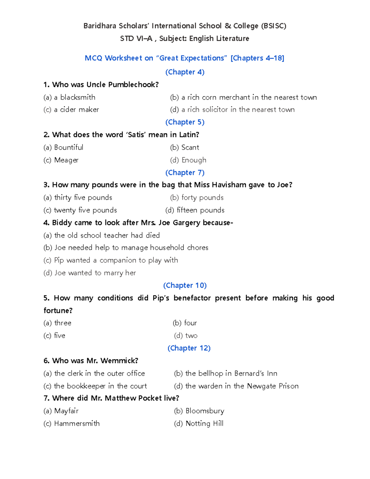 BSISC English Literature MCQ Worksheet on Chapters 4-18 - Studocu