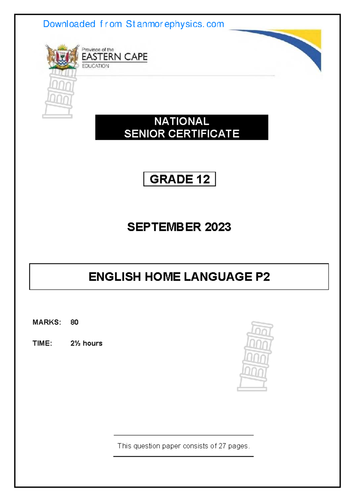 EC English HL Grade 12 September 2023 P2 Exam Paper and Memo - Studocu