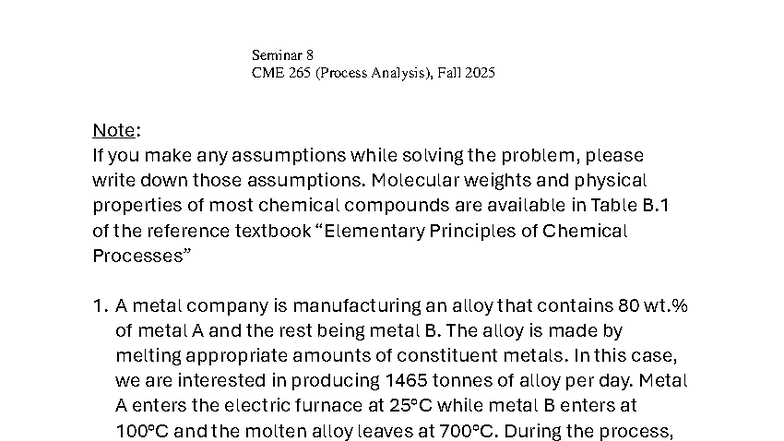 Seminar 8 CME 265: Power Requirement Calculation for Alloy Production ...