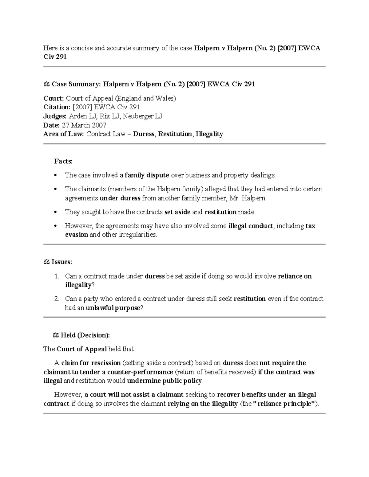 Halpern v Halpern (No. 2) EWCA Civ 291: Case Summary & Analysis - Studocu