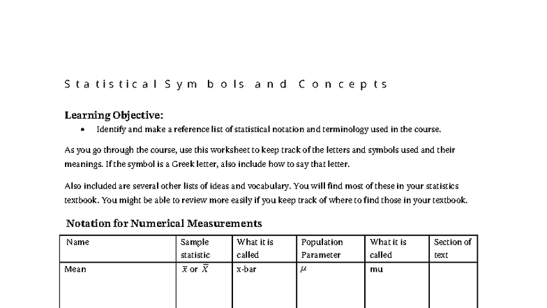 17 Statistical Symbols & Concepts Reference List - Studocu