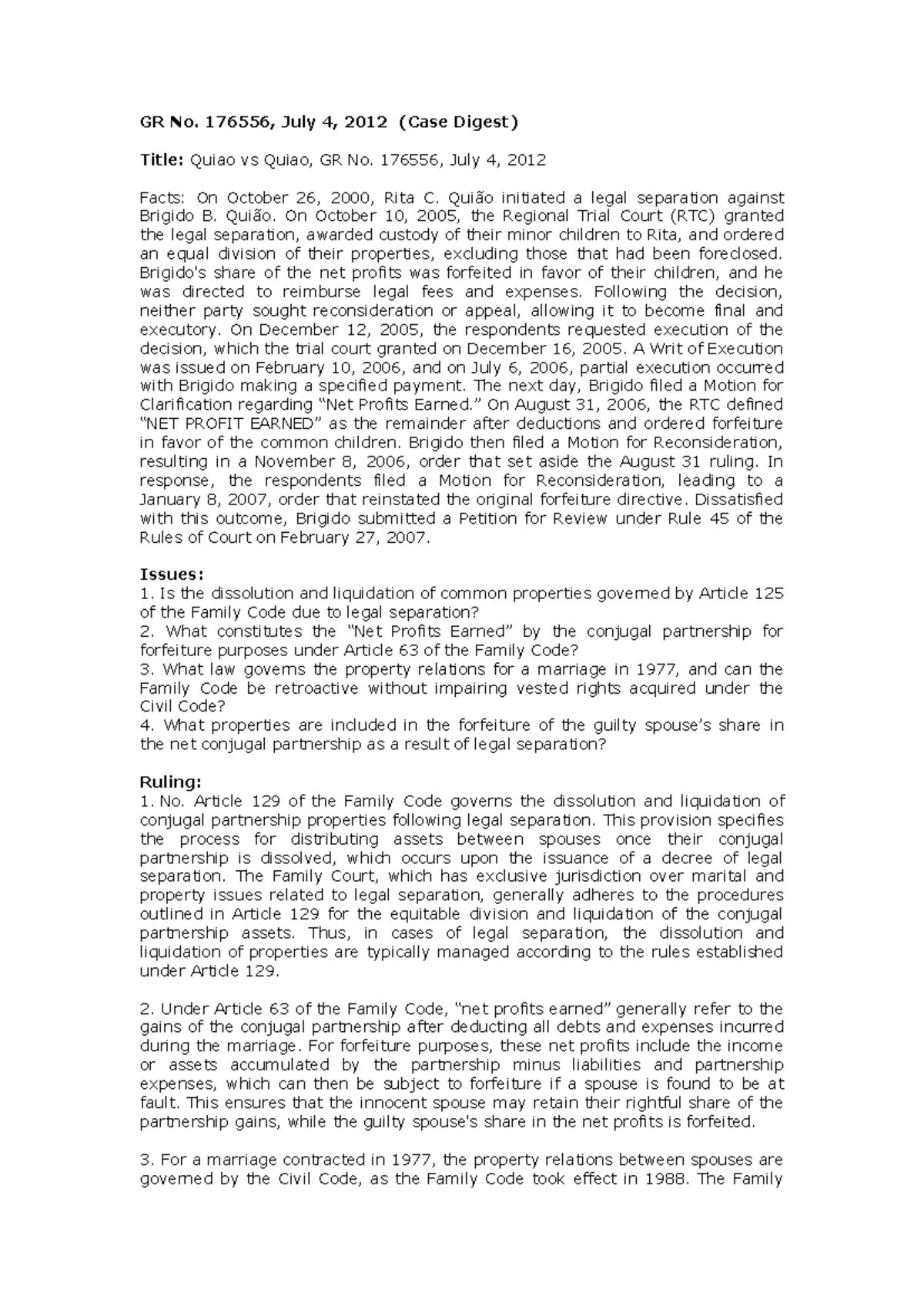 Quiao vs Quiao - Case Digest (GR No. 176556, July 4, 2012) - Studocu