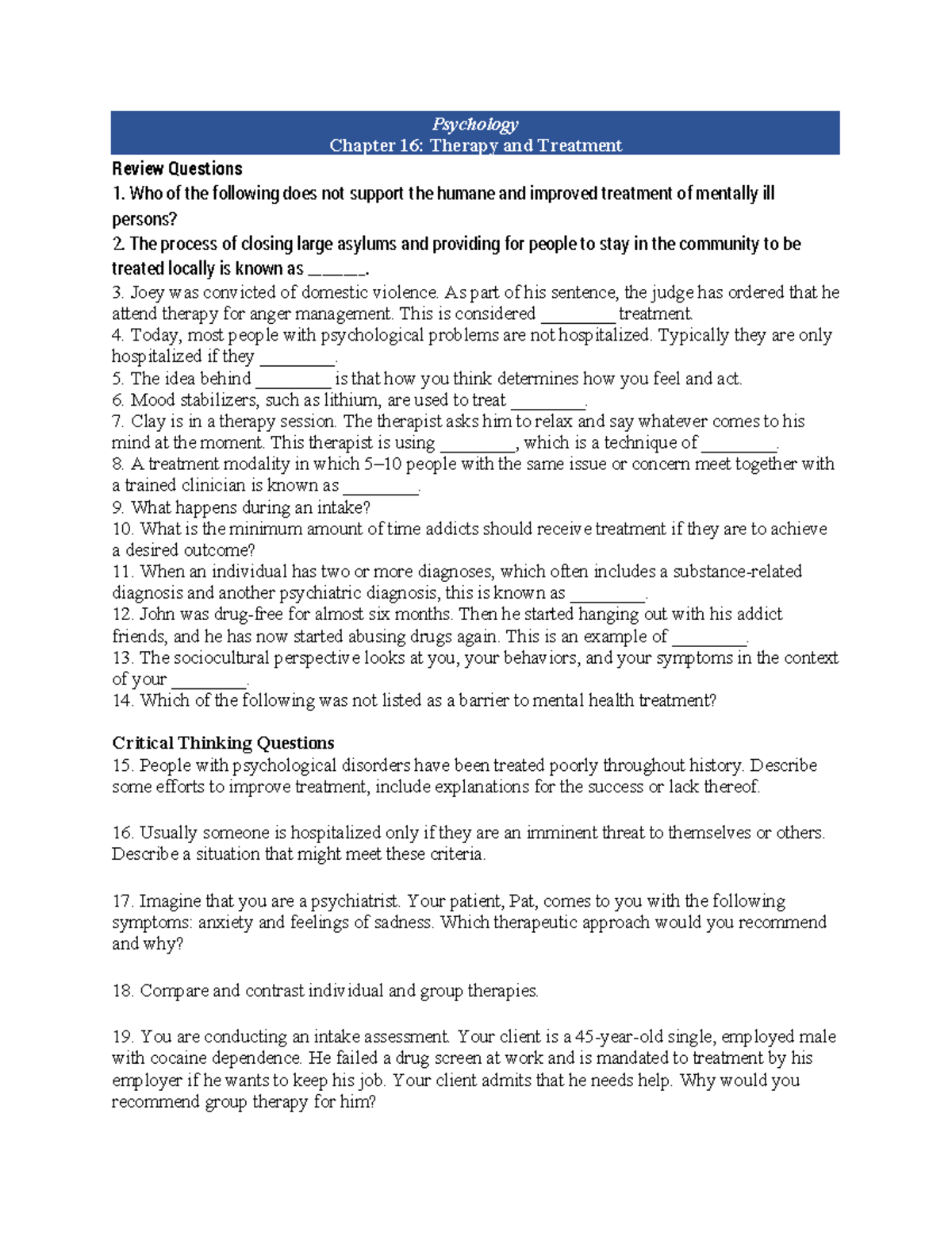 Chapter 16 - Therapy and Treatment Review Questions and Answers - Studocu