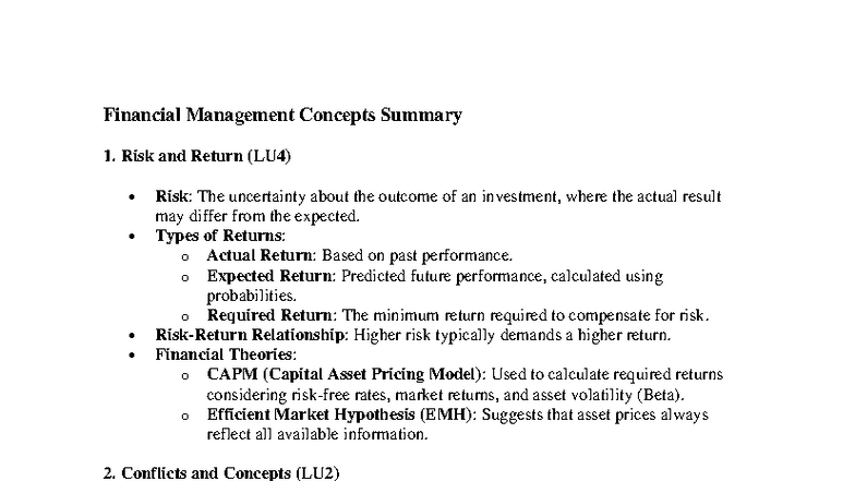 Financial Management Concepts Summary - Types of Returns: o Actual ...