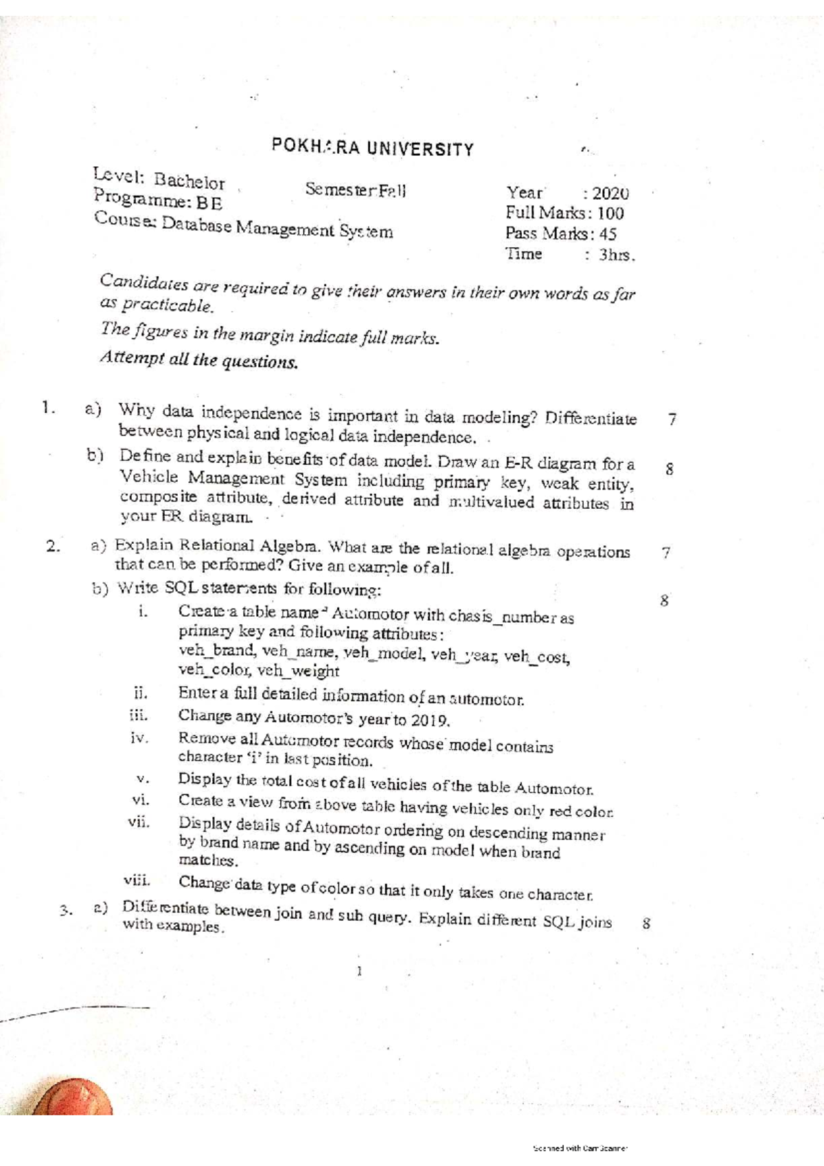 DBMS - Old Questions Collection for BE Programme (Fall 2015-2020) - Studocu