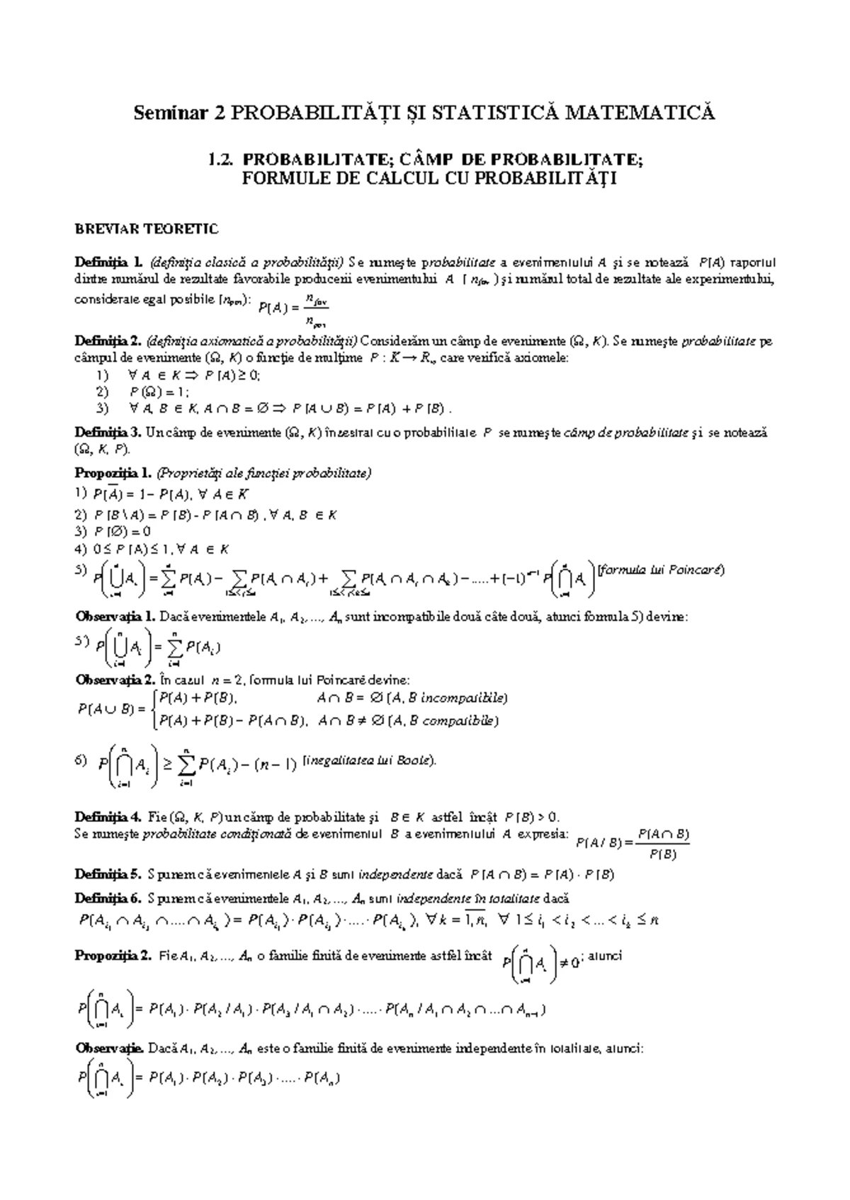 Probabilitati - Seminar 01 - Seminar 1 PROBABILITĂȚI ȘI STATISTICĂ ...