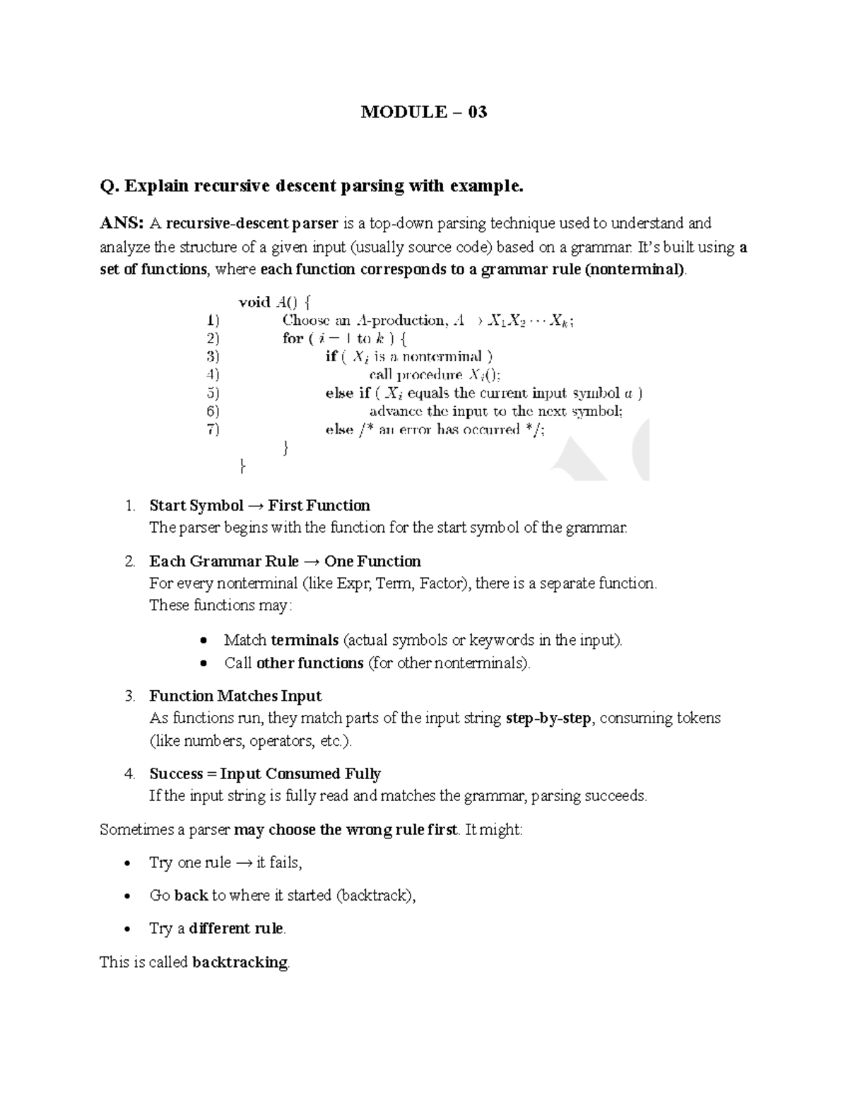 Mod-3 - Recursive Descent Parsing & Error Recovery Techniques - Studocu