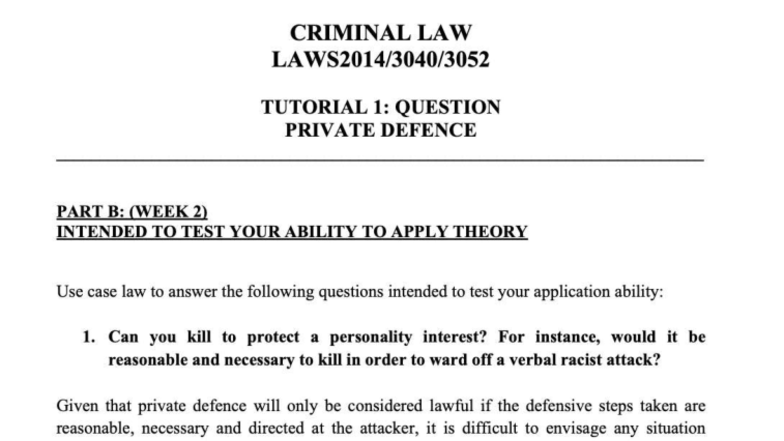 Tutorial 1B - Private Defence - CRIMINAL LAW TUTORIAL 1: QUESTION ...