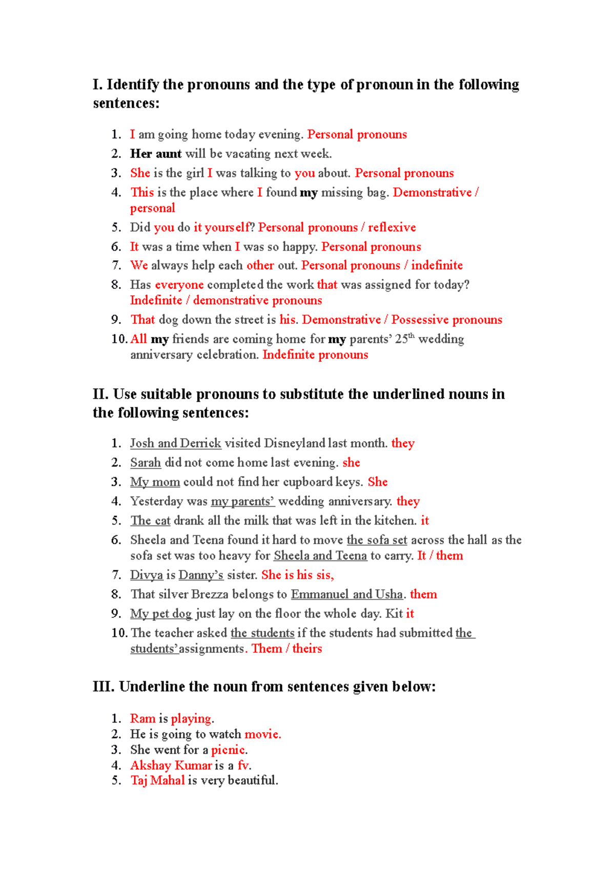 Nouns and Pronouns Exercise 1: Identification and Substitution ...