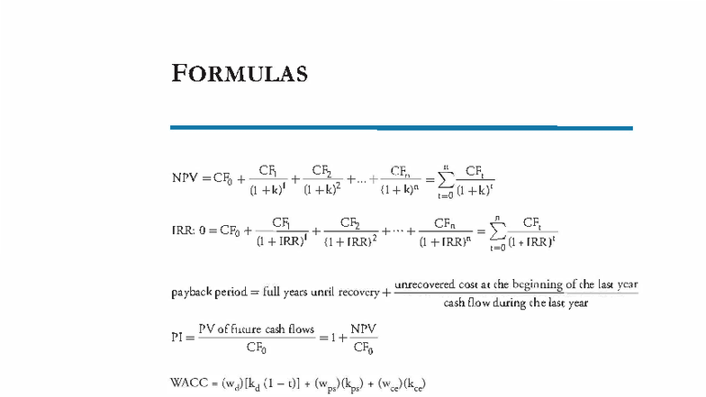 Corporate Finance Formulas: NPV, IRR, and Cash Flow Analysis - Studocu