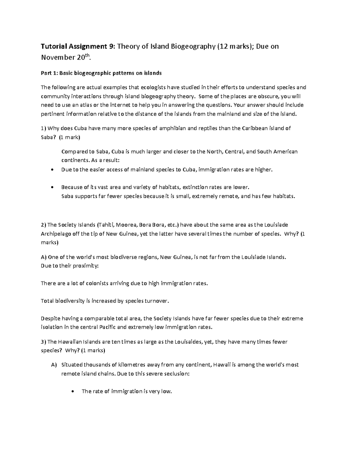 Tutorial Assignment 9: Exploring Island Biogeography Theory - Studocu