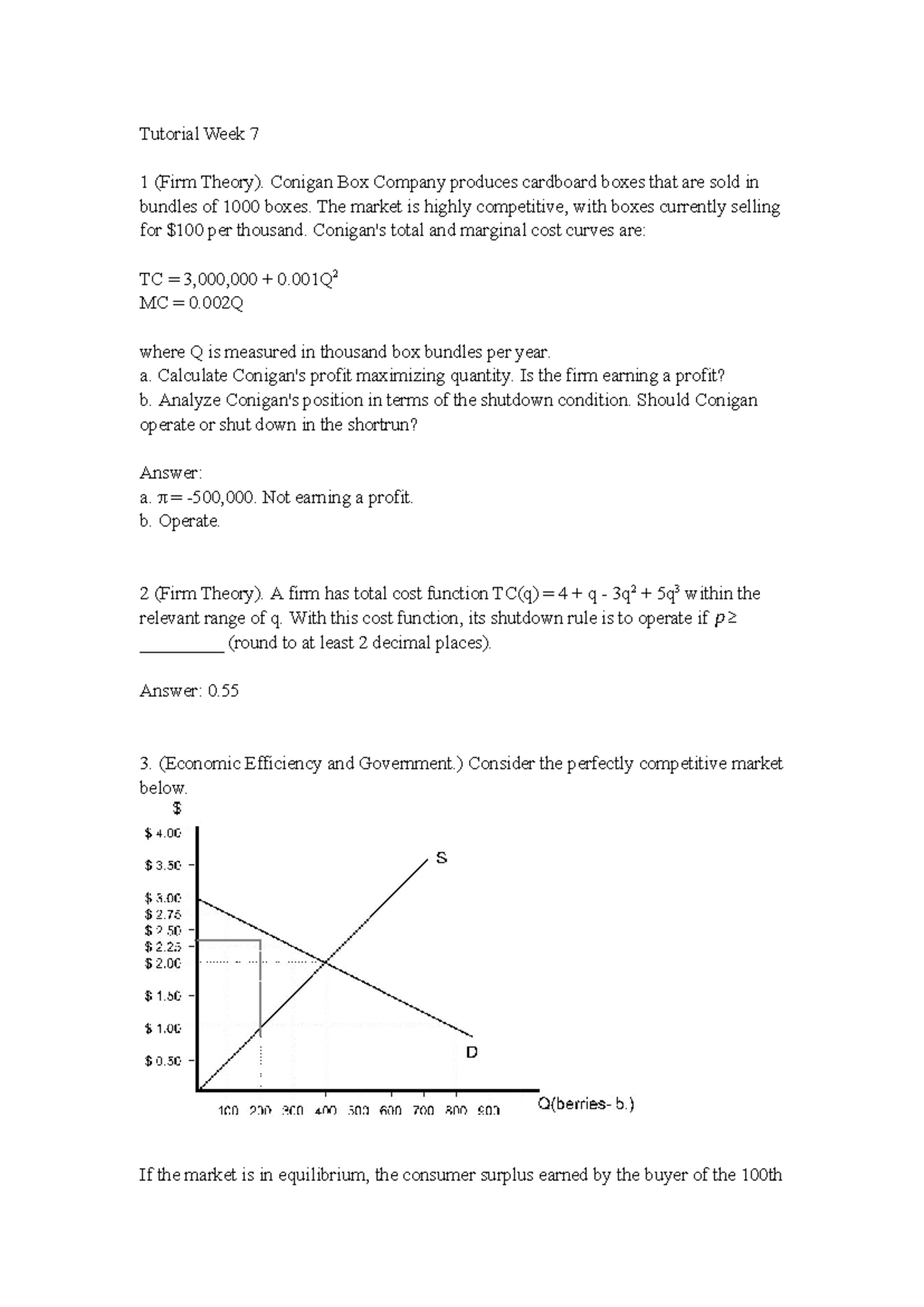 Tutorial Week 7 - answers - Tutorial Week 7 1 (Firm Theory). Conigan ...
