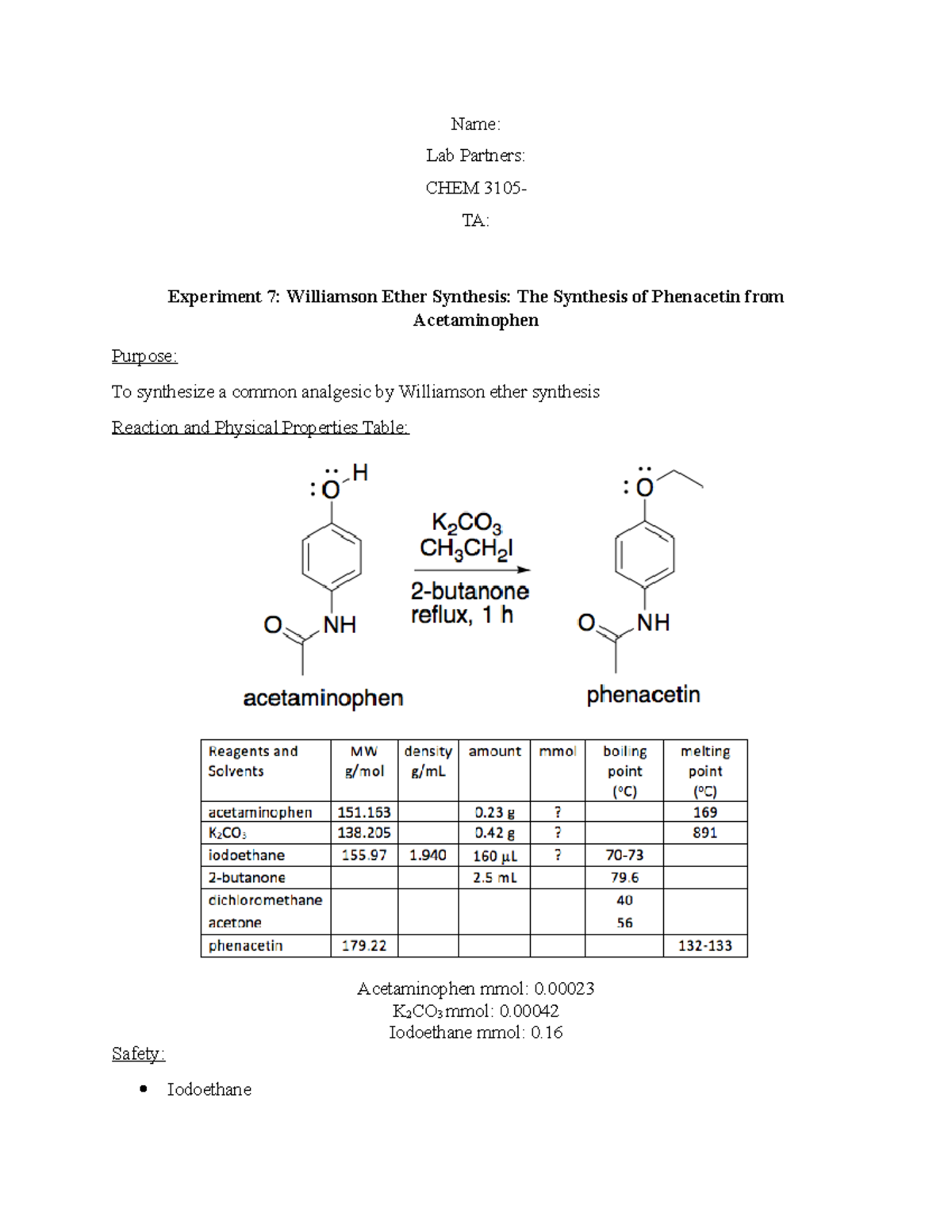 CHEM 3105 - Exp. 7 Lab Report: Williamson Ether Synthesis of Phenacetin ...