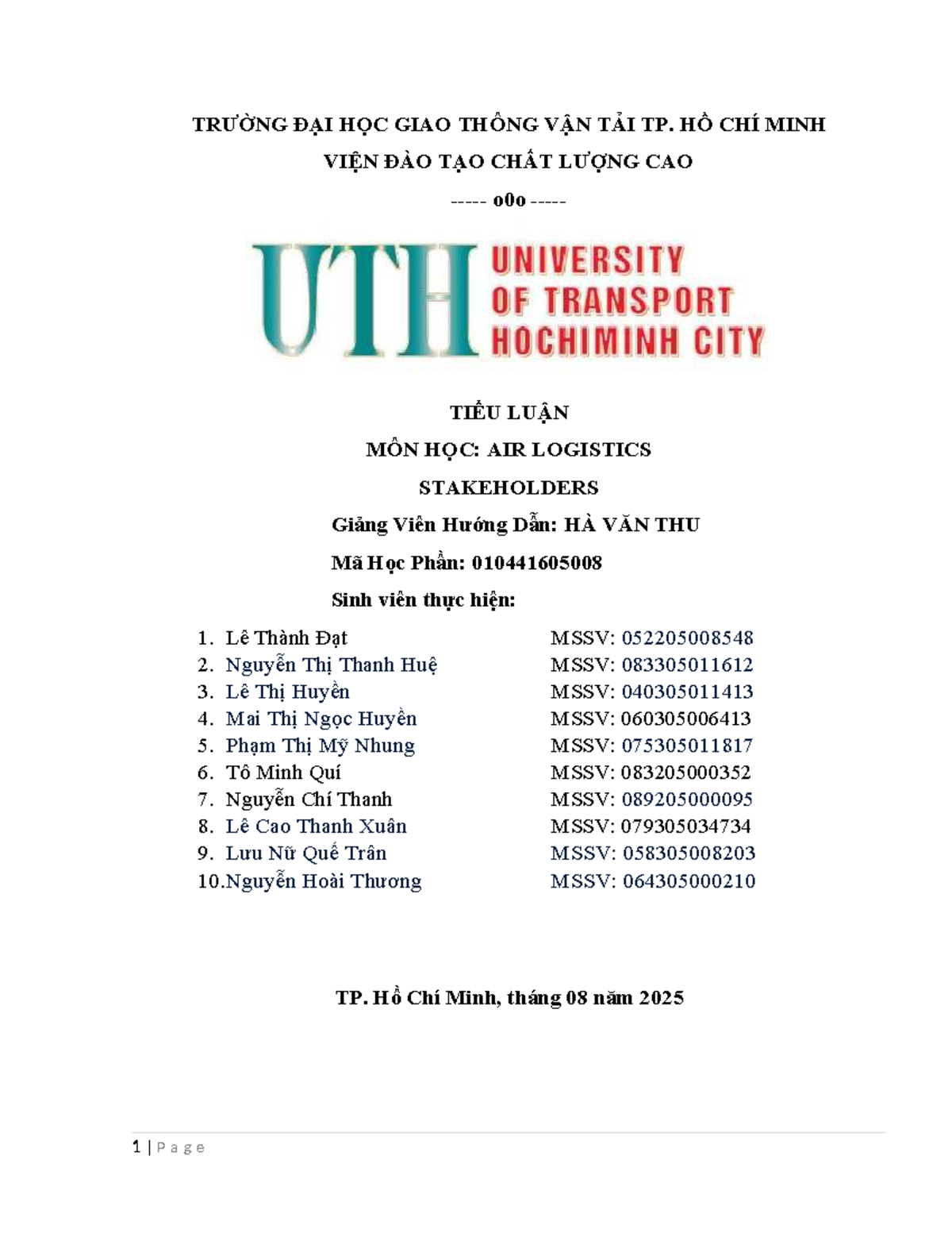 TIỂU LUẬN MÔN HỌC: AIR LOGISTICS STAKEHOLDERS (010441605008) - Studocu