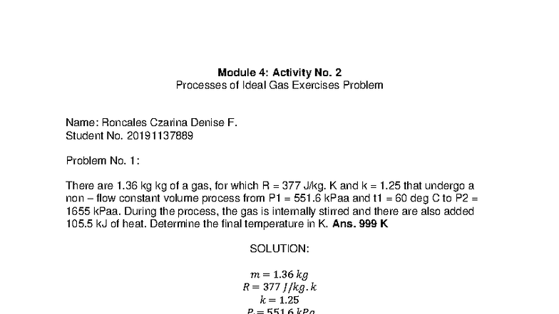 Module 4: Activity 2 - Ideal Gas Processes Exercises (ENGR 101) - Studocu