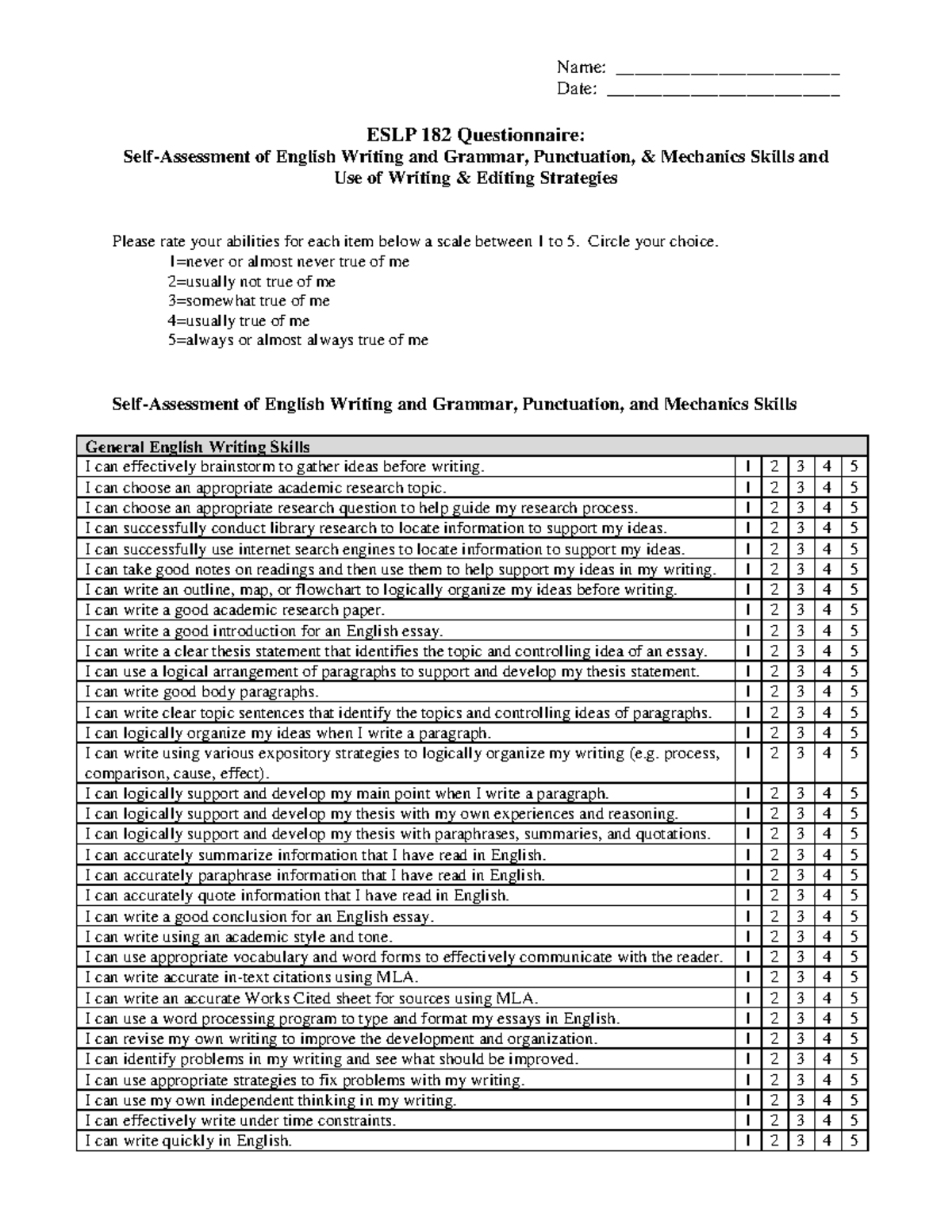 ESLP 182 Final Exam: Self-Assessment Questionnaire for Writing Skills ...