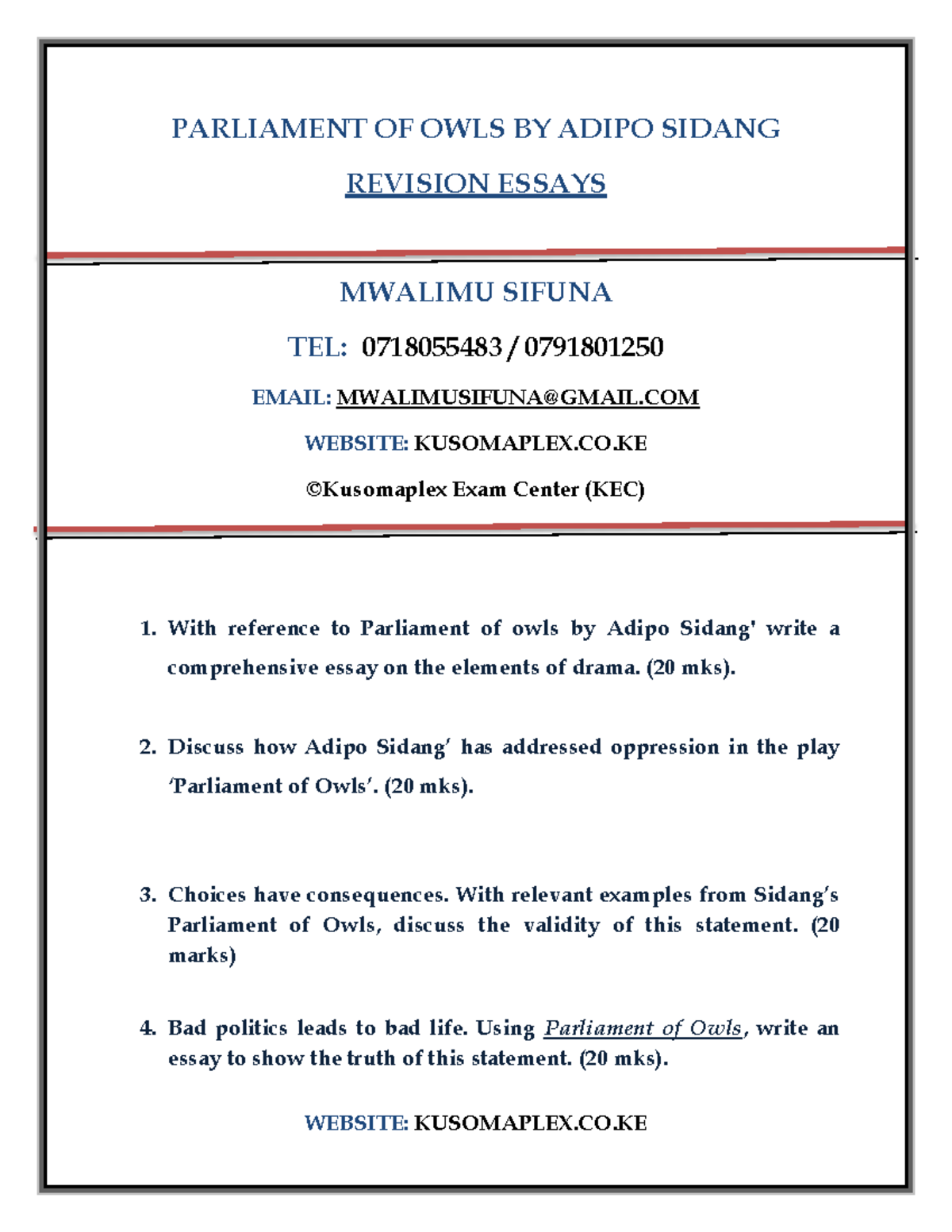 Parliament of Owls Essay Questions & Answers: A Comprehensive Guide - Studocu