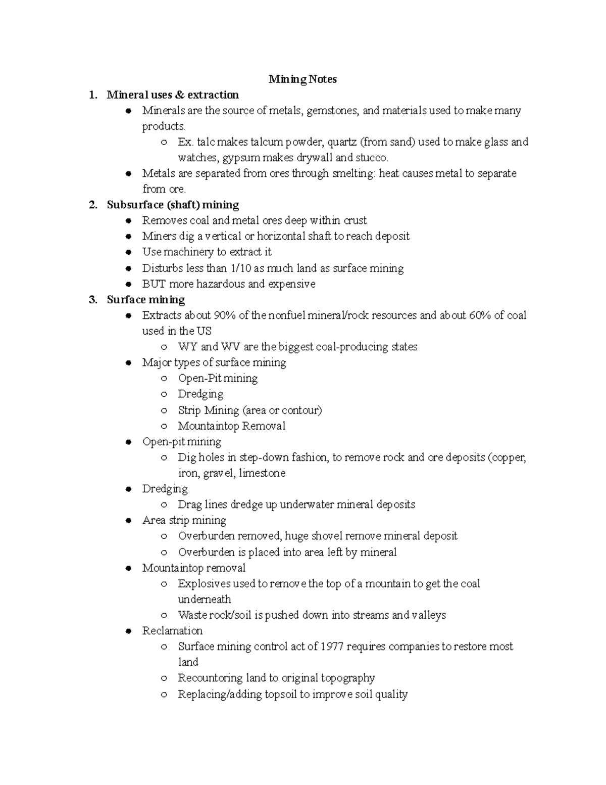 Mining Notes: Extraction Methods and Environmental Impacts - Studocu