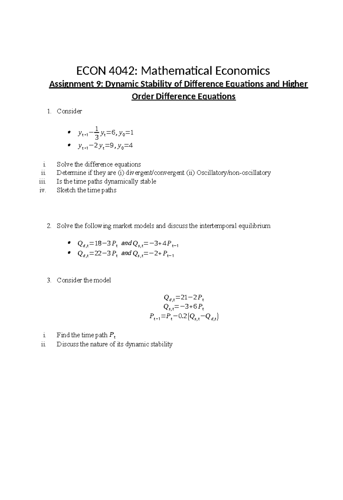 ECON 4042: Week 9 Assignment on Dynamic Stability in Math Econ - Studocu