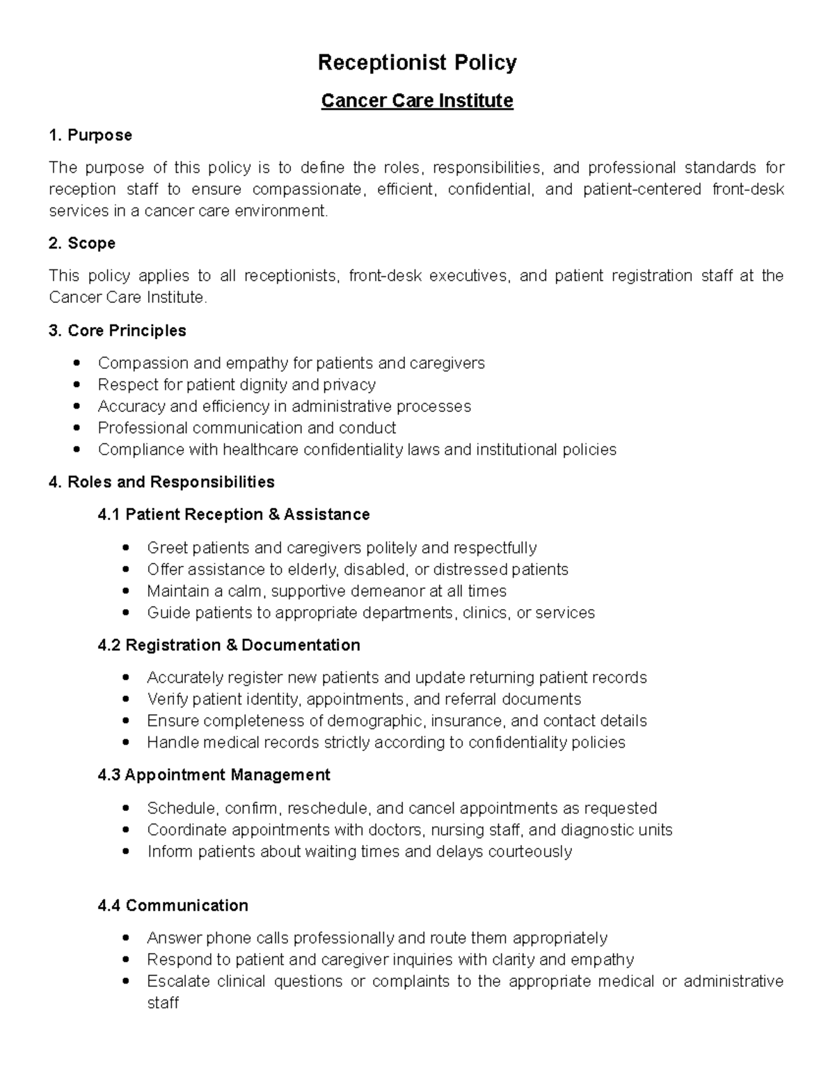 Receptionist Policy for Cancer Care Institute: Roles & Responsibilities ...