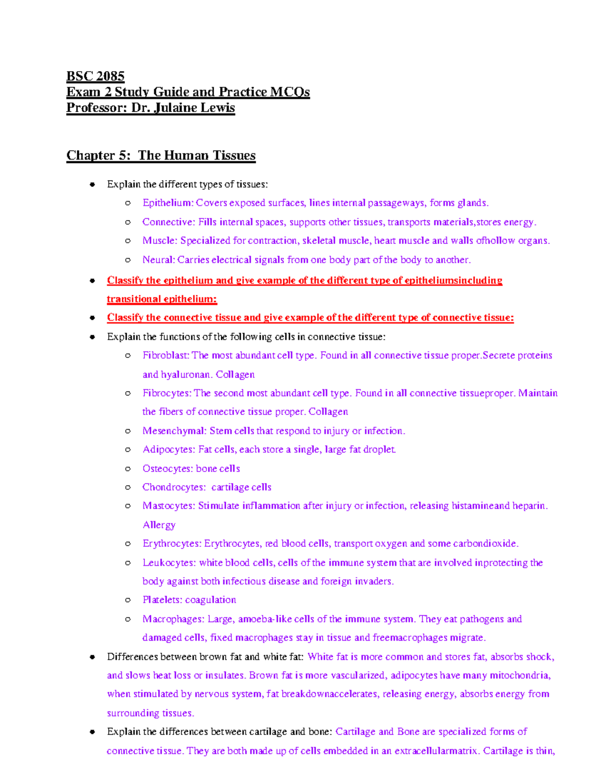 BSC 2085 Exam 2 Study Guide: Human Tissues & Integumentary System MCQs ...