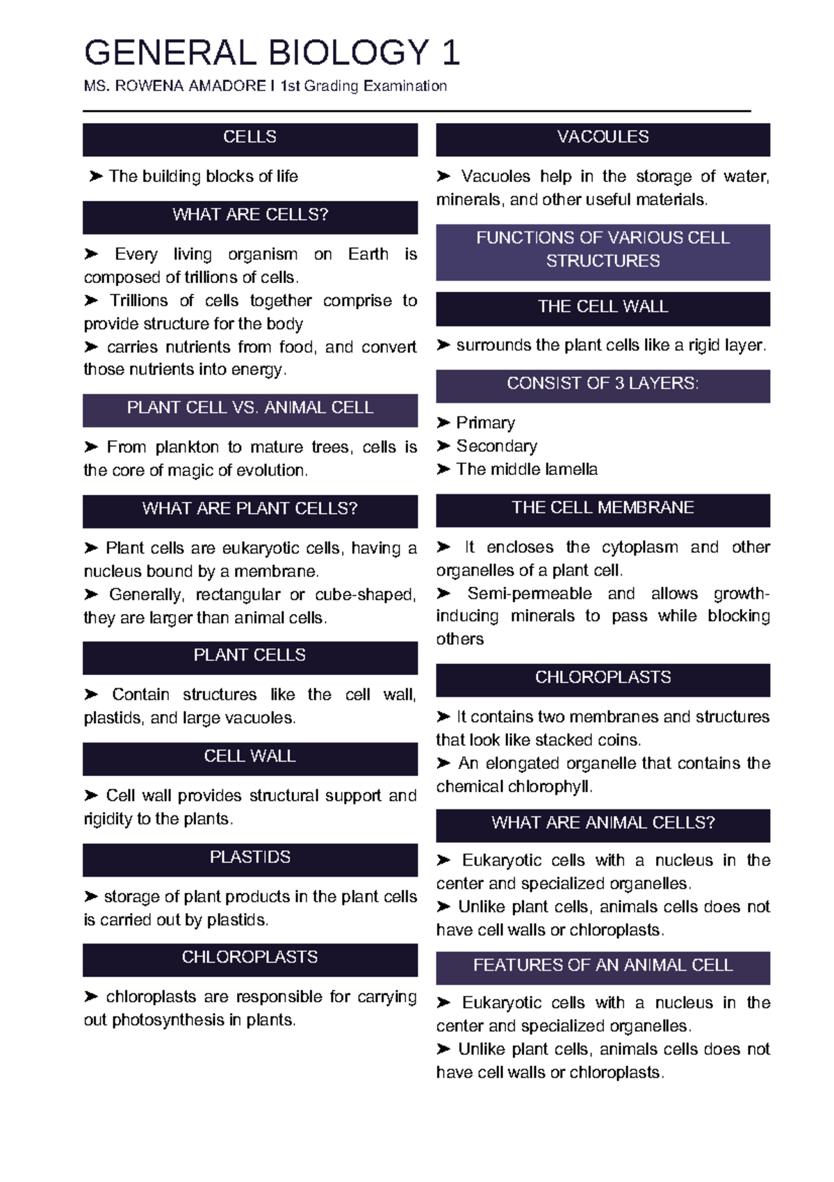 Genbio 1ST Grading Exam Reviewer: Cells and Cell Structures - Studocu