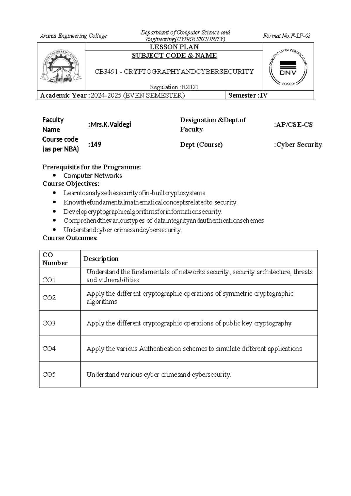 CB3491 - Cryptography and Cyber Security Lesson Plan (2024-2025) - Studocu