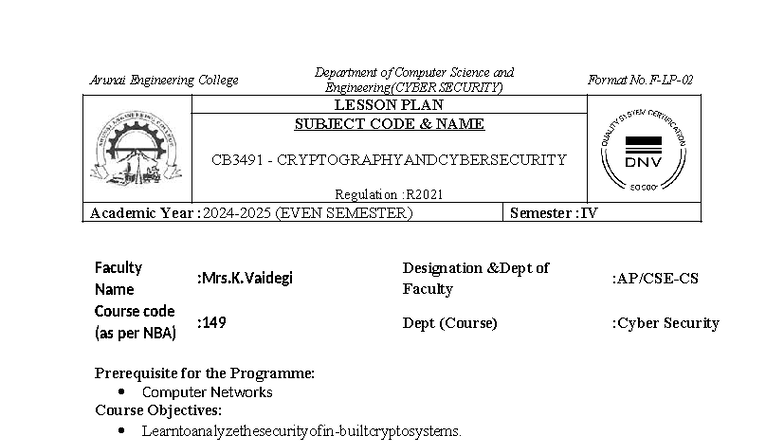 CB3491 - Cryptography and Cyber Security Lesson Plan (2024-2025) - Studocu