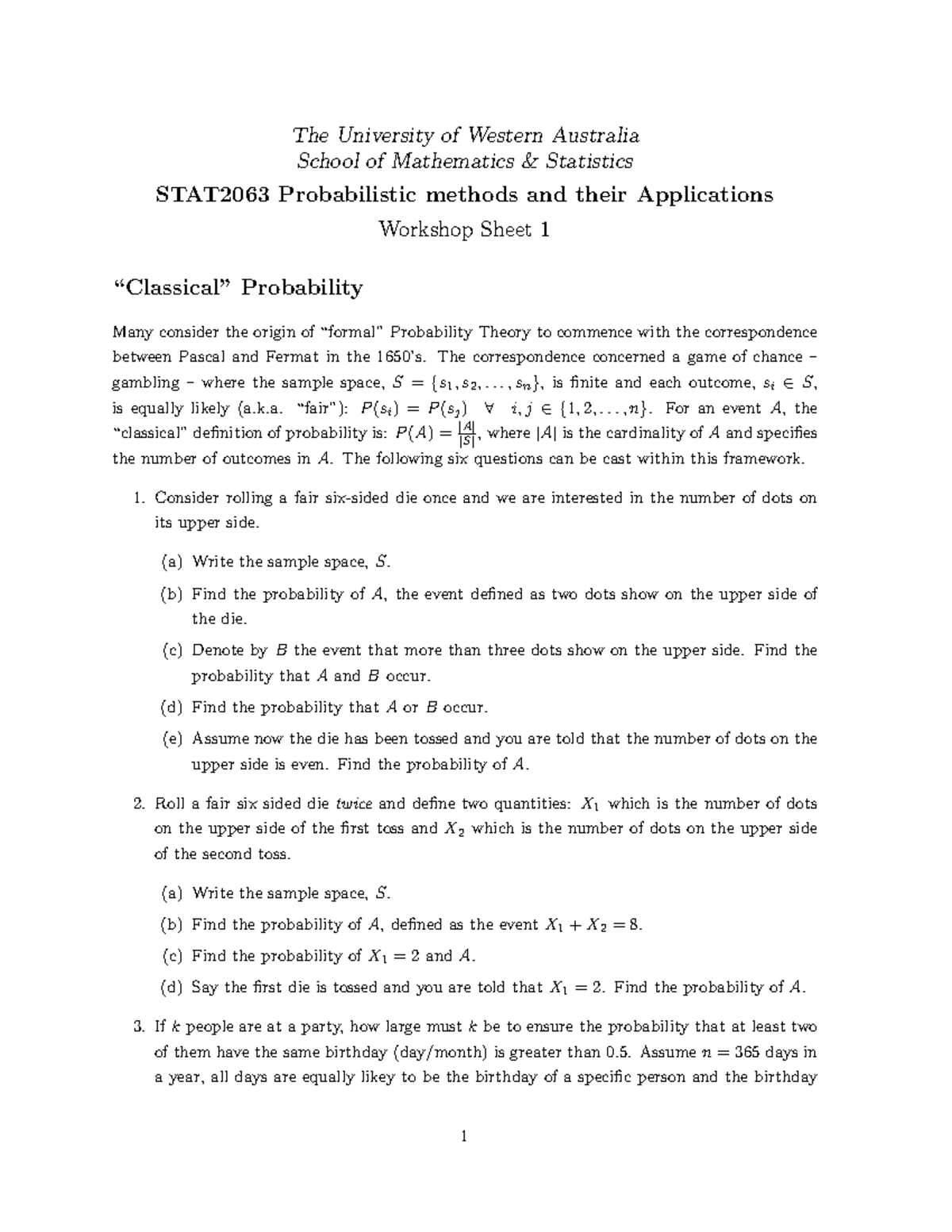 STAT2063 Workshop Sheet 1: Introduction to Probability Theory - Studocu