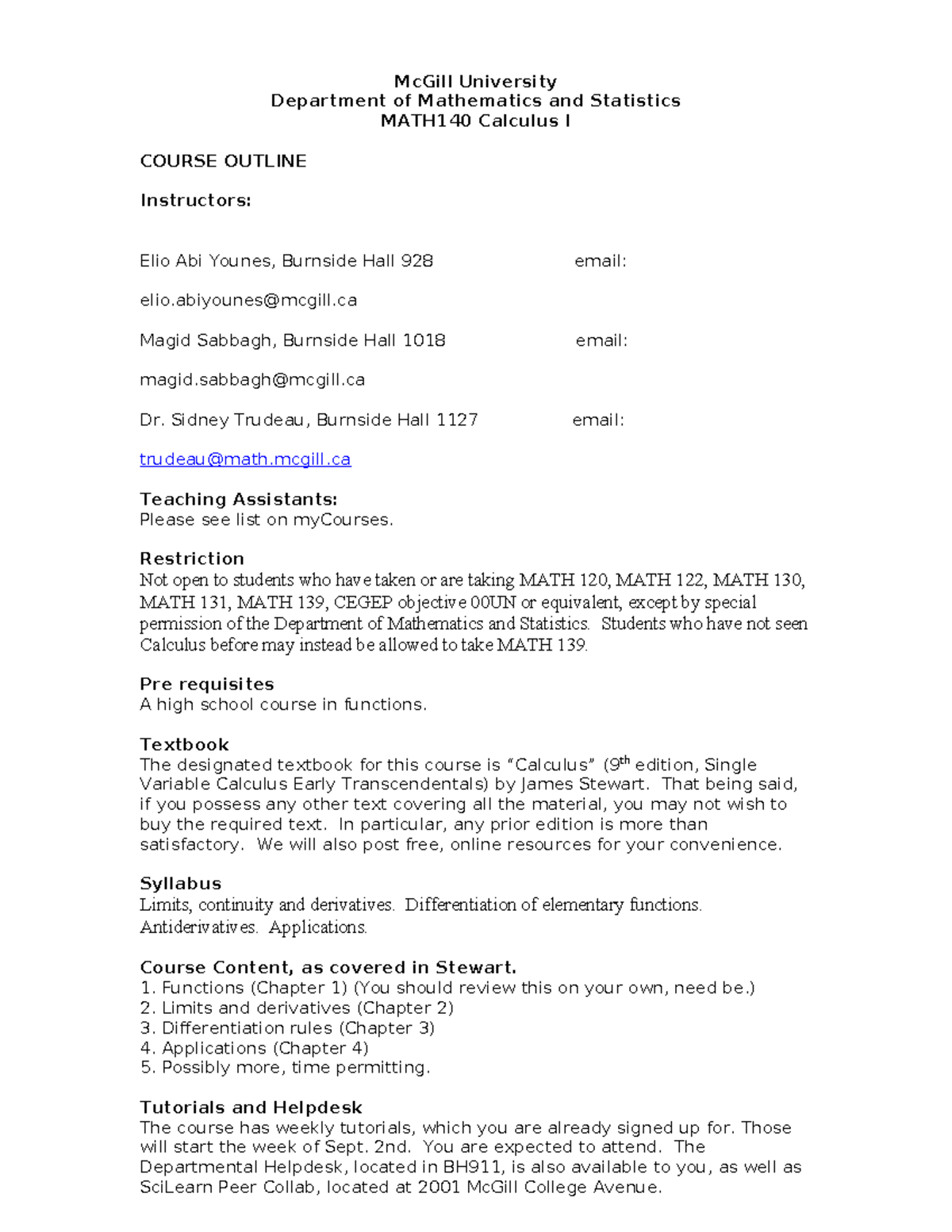 Syllabus for MATH 140: Calculus I - McGill University 2025 - Studocu