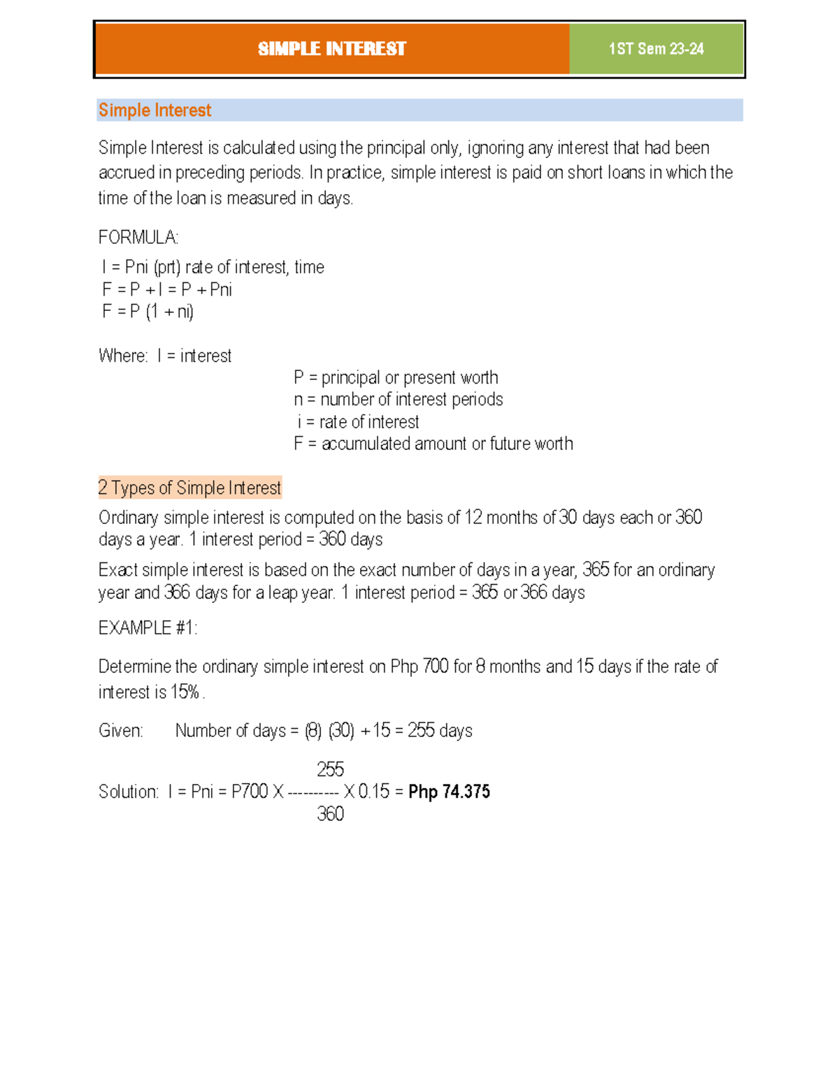Simple Interest Concepts and Examples - 1ST Sem Handout - Studocu