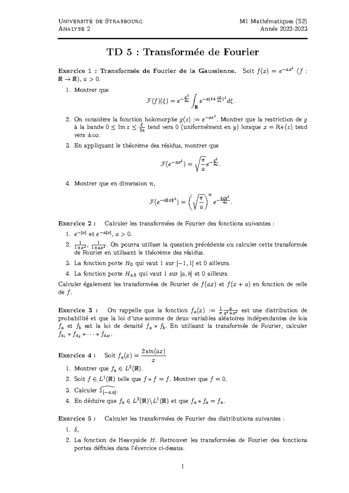 TD5 - Transformée de Fourier en Analyse 2 (M1) - Université de ...
