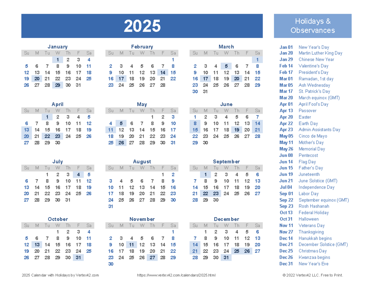 2025 Yearly Holiday Calendar with Key Events & Dates - Studocu