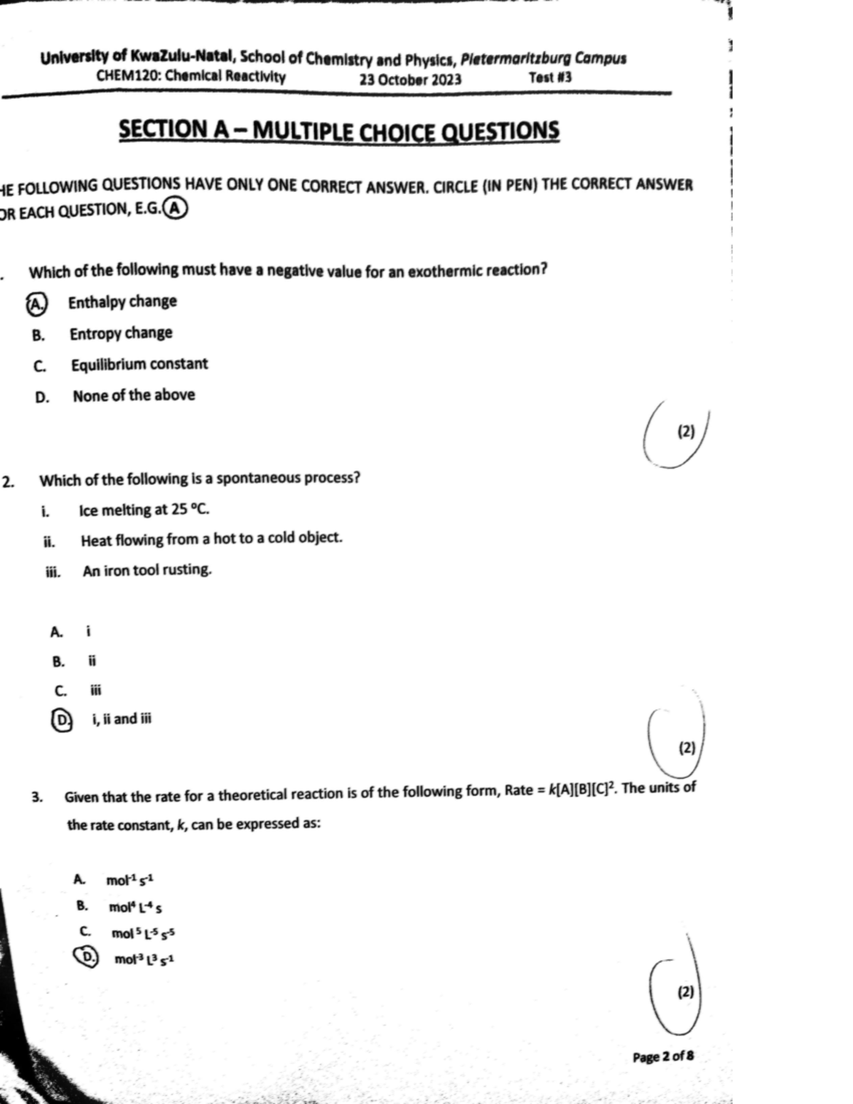 CHEM120: Chemical Reactivity Test # on Reaction Rates and Enthalpy ...