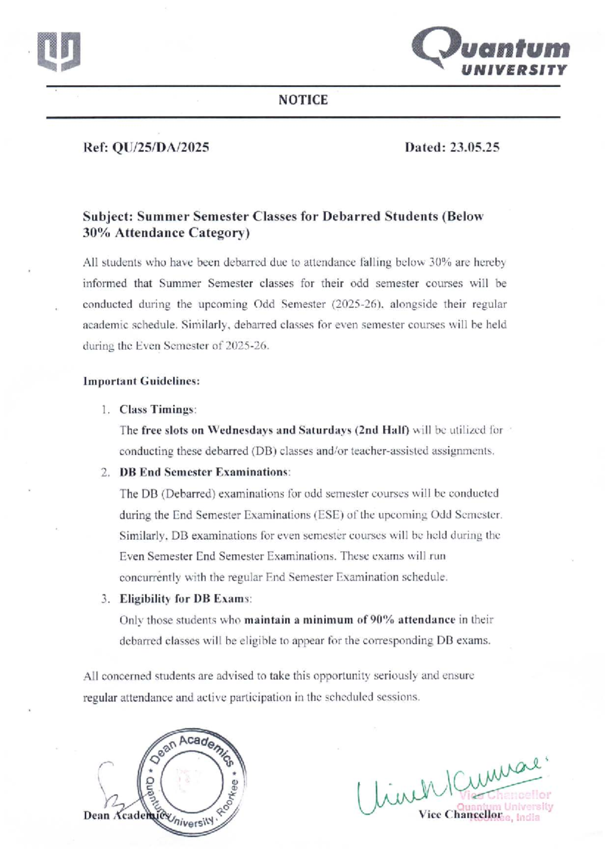 Quantum University Notice: Summer Semester Classes for Debarred ...