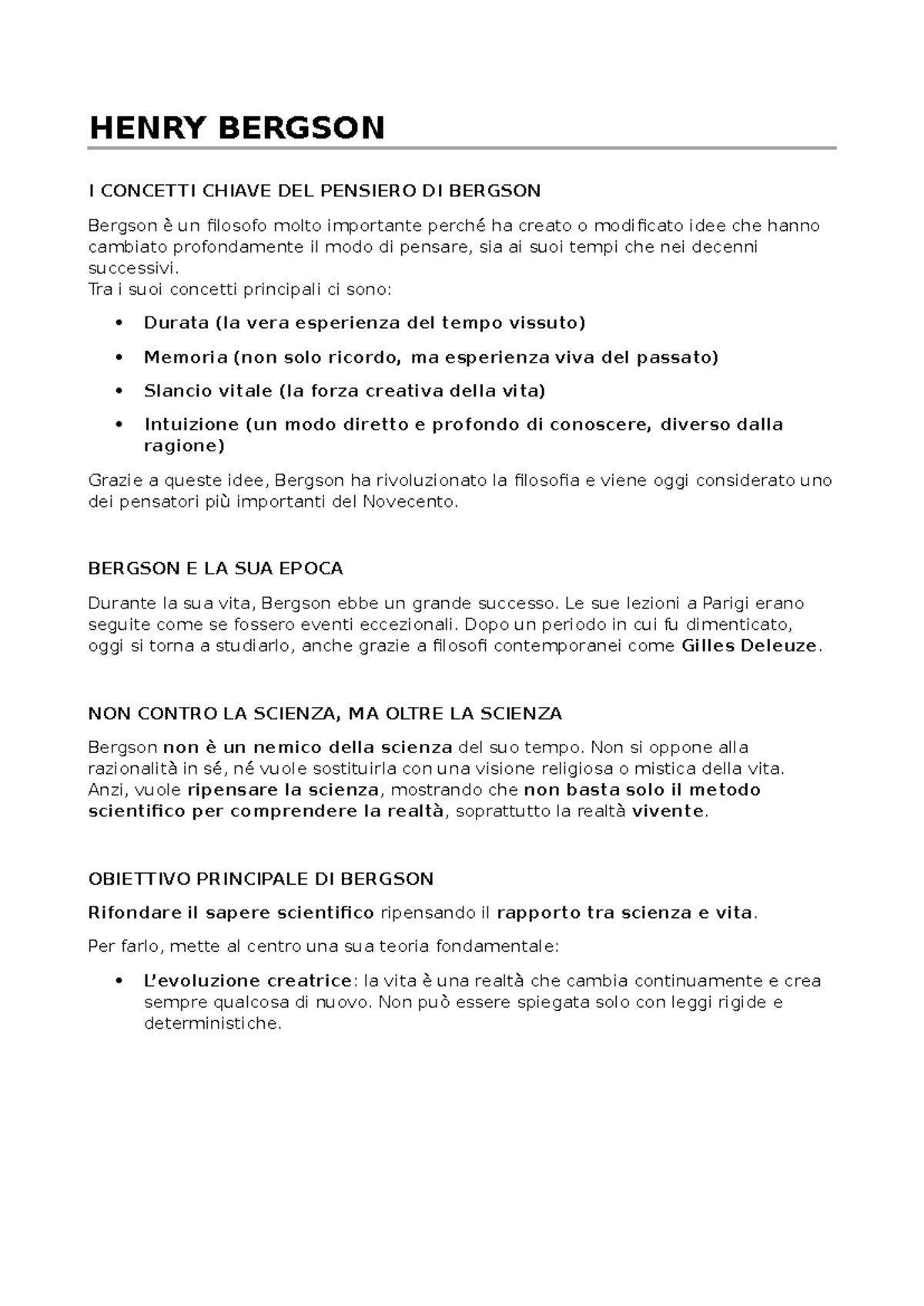 Riassunto di Henry Bergson: Concetti Chiave e Impatti Filosofici - Studocu